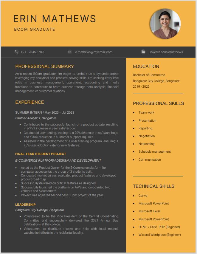 BCom Freshers Sample best resume format